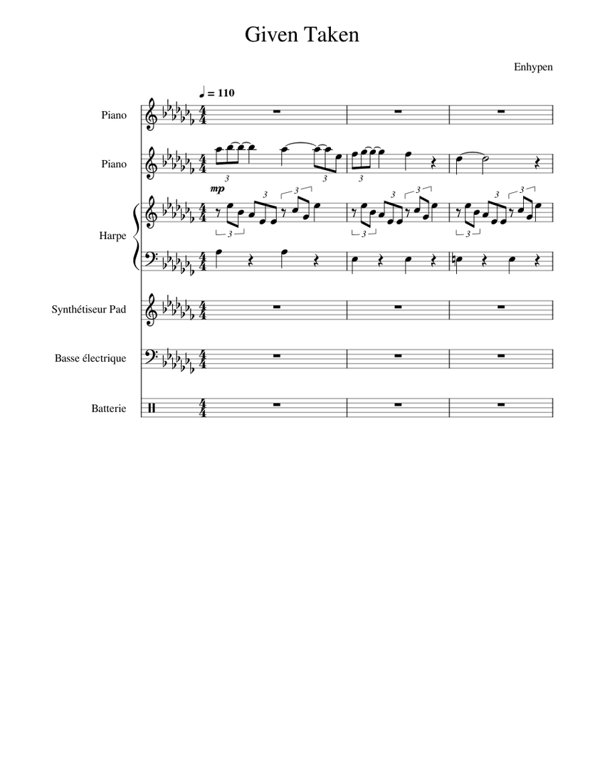 Given Taken Sheet Music for Piano, Bass guitar, Drum group, Harp & more ...