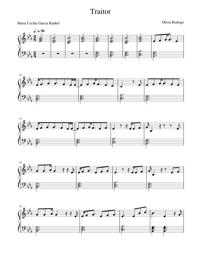 Traitor – Olivia Rodrigo Sheet Music for Piano (Solo) Easy | MuseScore.com
