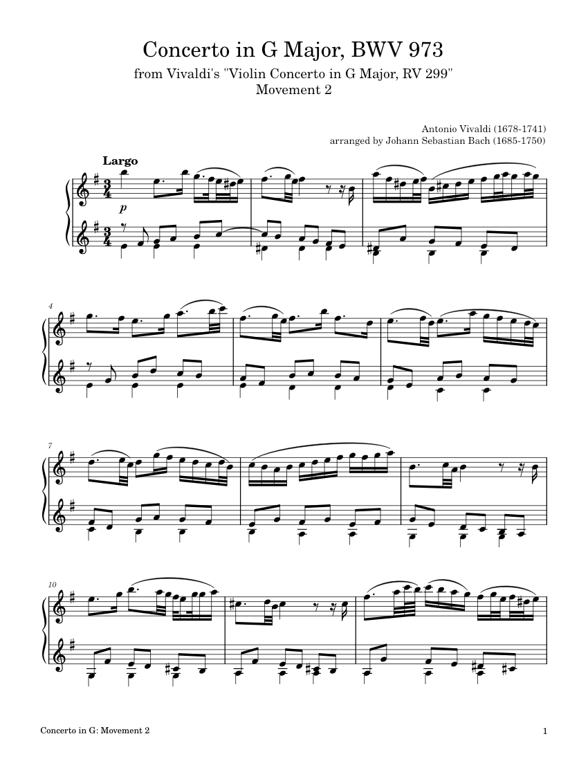 Concerto in G Major, BWV 973: Movement 2 – Johann Sebastian Bach Sheet ...