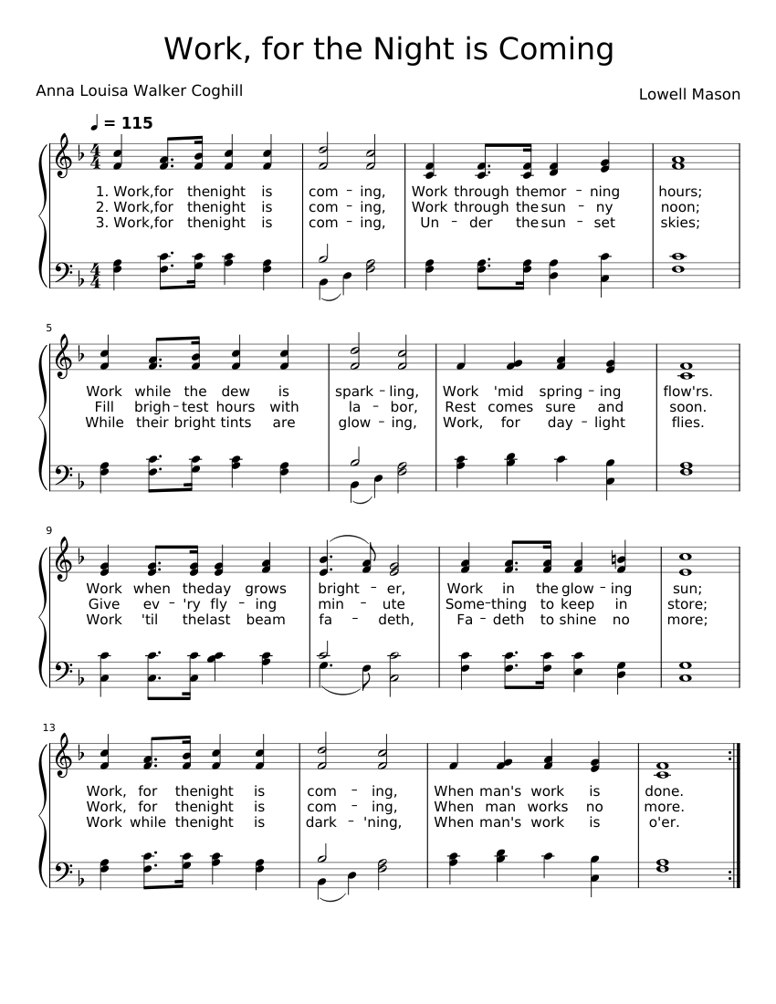 Work, for the Night is Coming Sheet Music for Piano (Solo) Easy ...