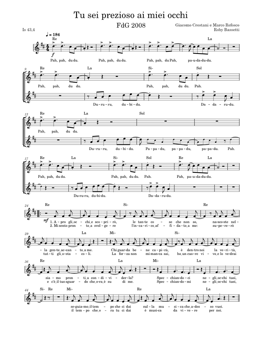 Tu sei prezioso ai mie occhi – Giacomo Crestani, Marco Refosco Sheet Music and Tab with Chords ...