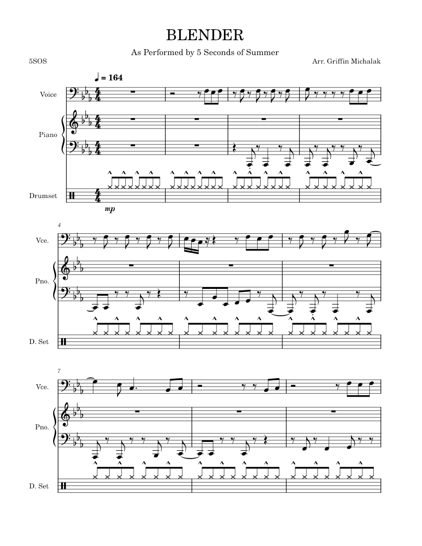BLENDER – 5 Seconds Of Summer Piano Sheet Music (w/ Voice) Sheet Music ...