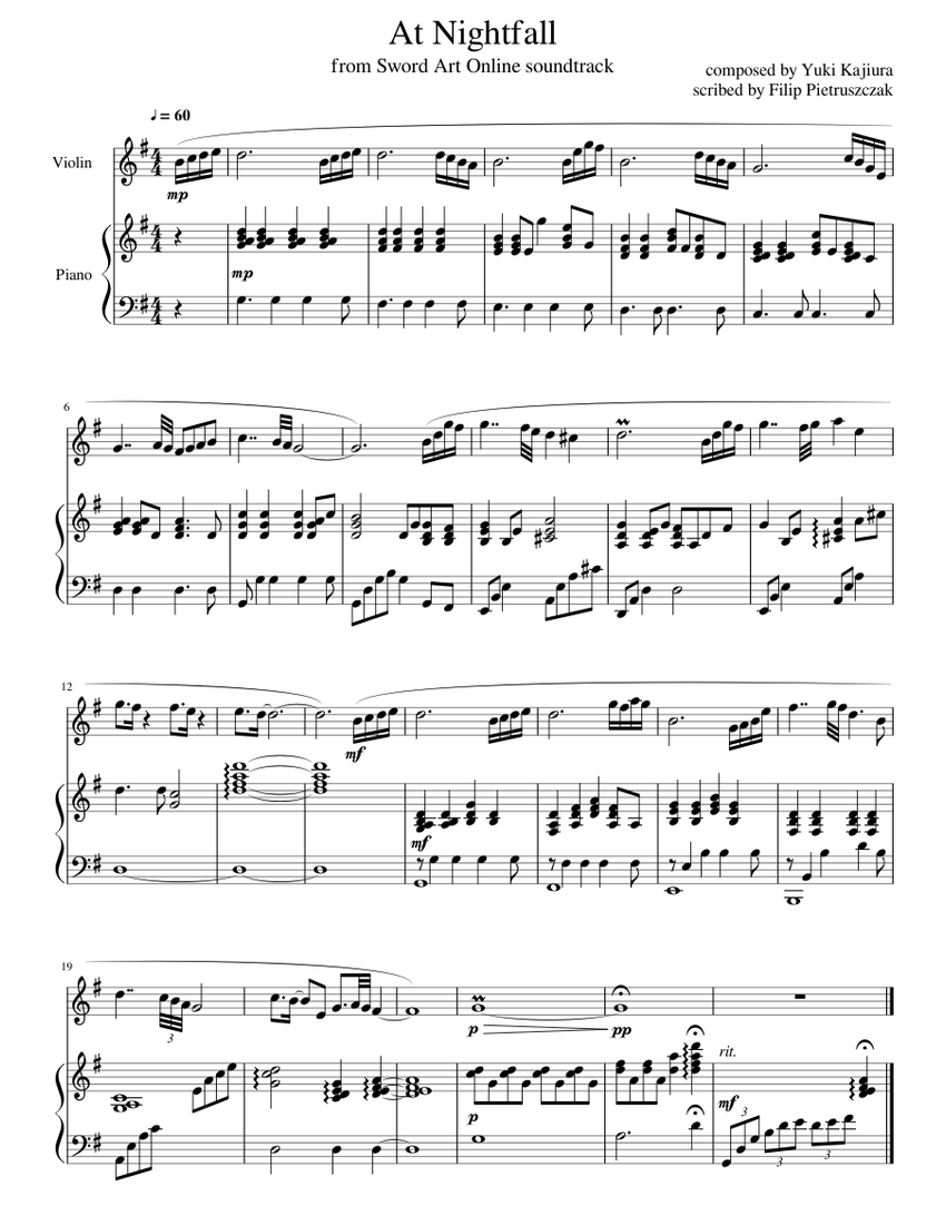 At Nightfall - Yuki Kajiura Sheet Music for Piano, Violin (Solo ...