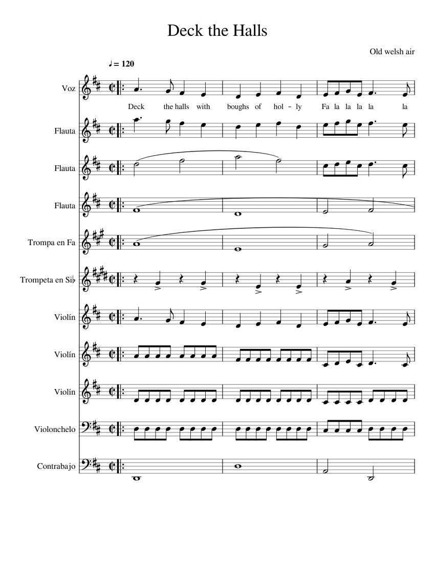 Deck the Halls Sheet music for Vocals, Flute, Trumpet in b-flat, French ...