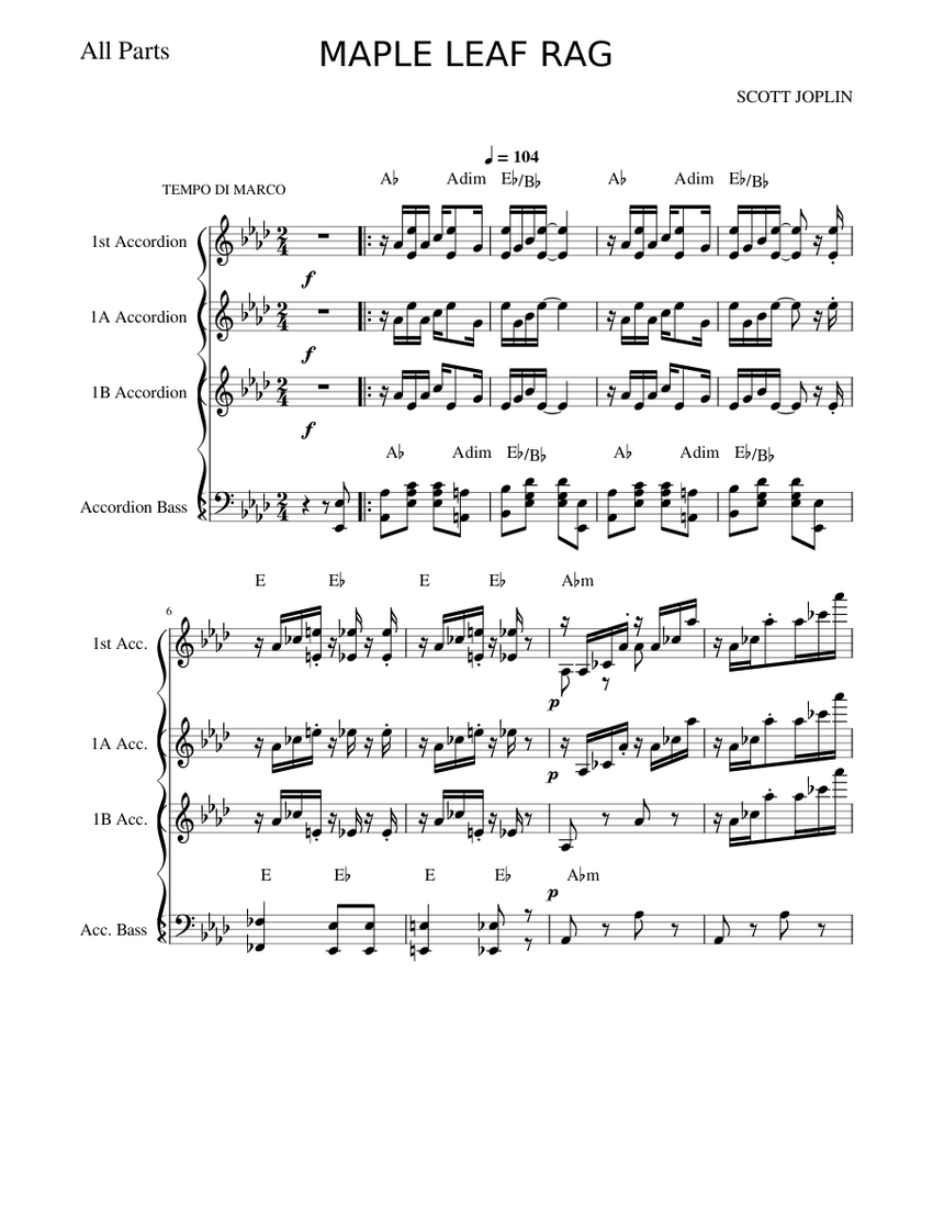 Maple Leaf Rag Sheet Music with Chords for Accordion (Piano Trio ...