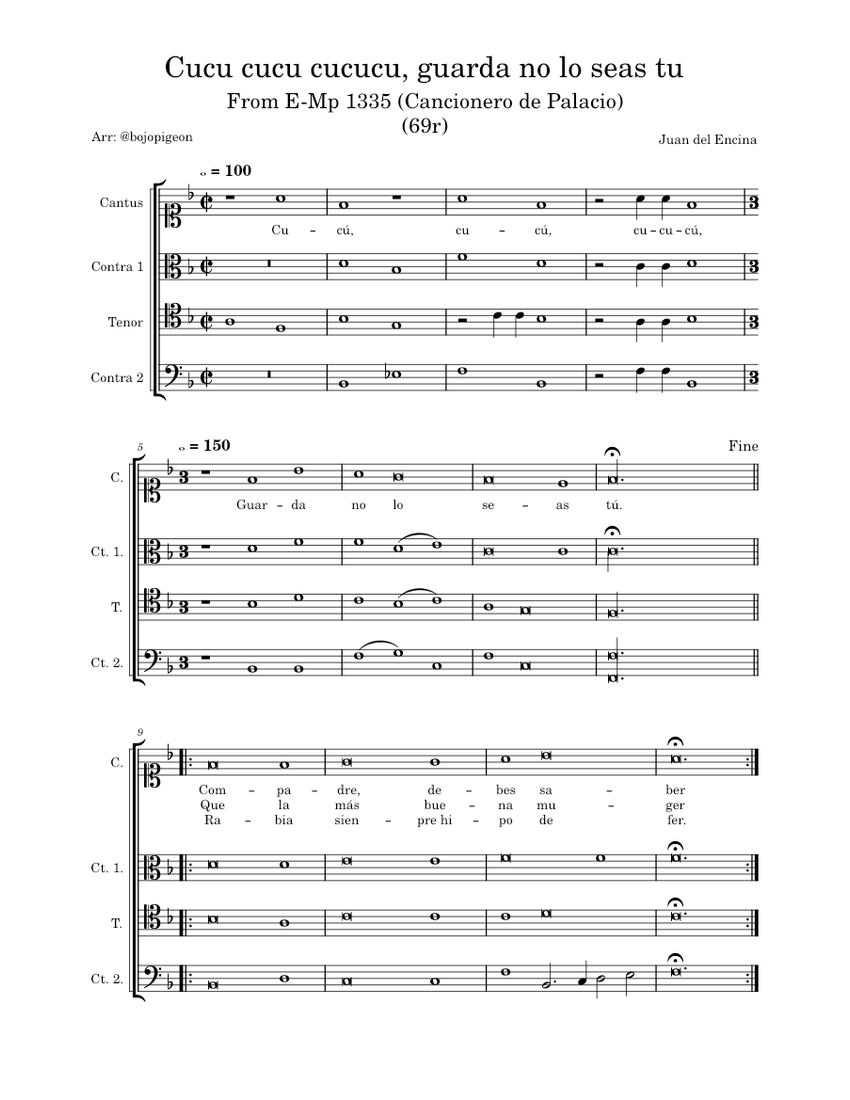 Cucu cucu cucucu, guarda no lo seas tu – Juan del Encina Sheet music ...