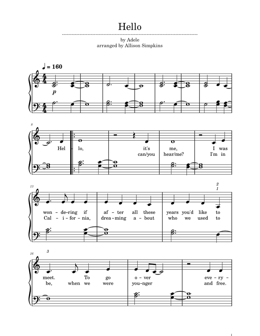 Hello – Adele Sheet music for Piano (Solo) | Musescore.com