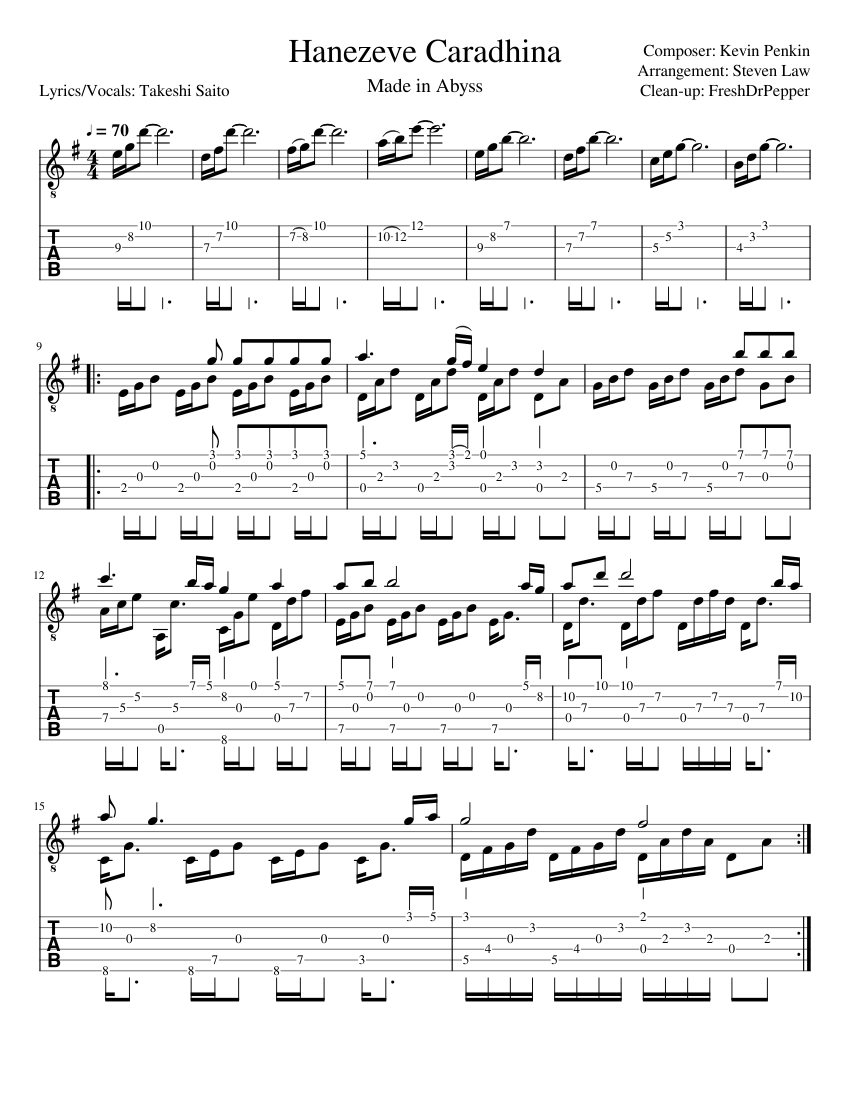 Hanezeve Caradhina Sheet Music and Tab for Guitar (Solo) | MuseScore.com