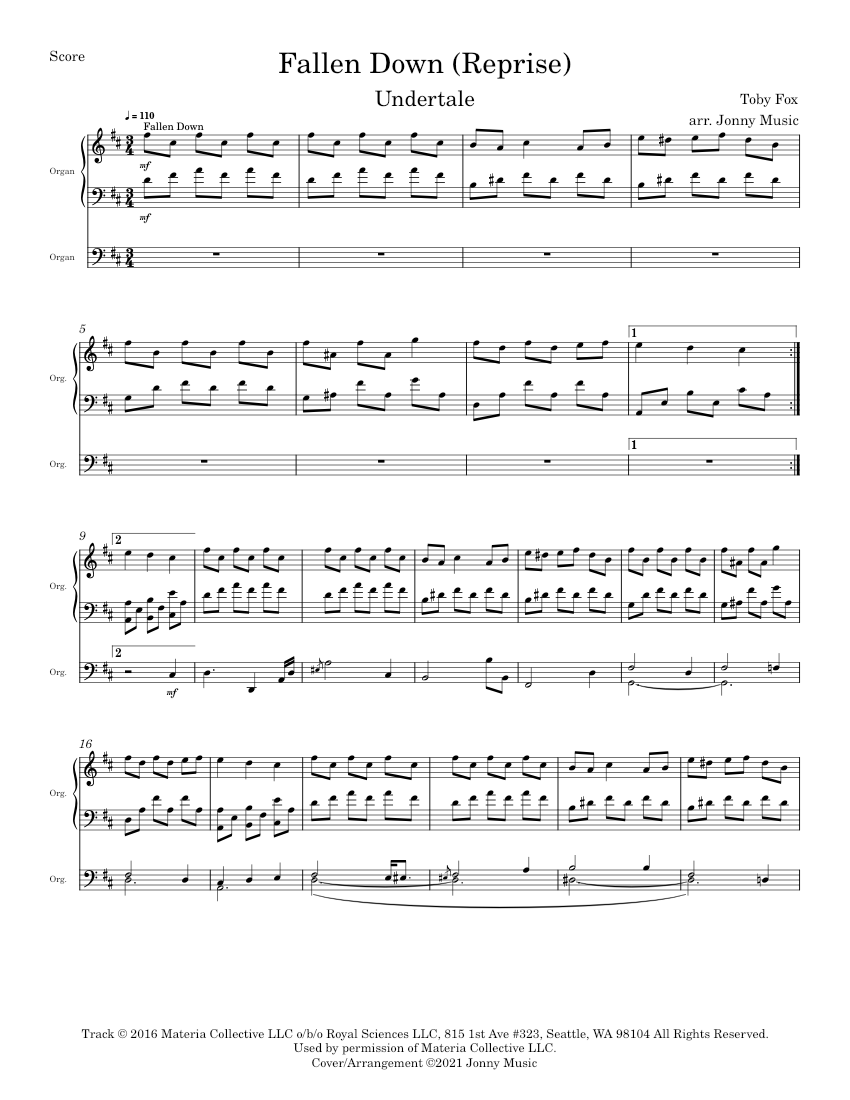Fallen Down (Reprise) Undertale Organ Cover Sheet Music for Organ (Solo ...