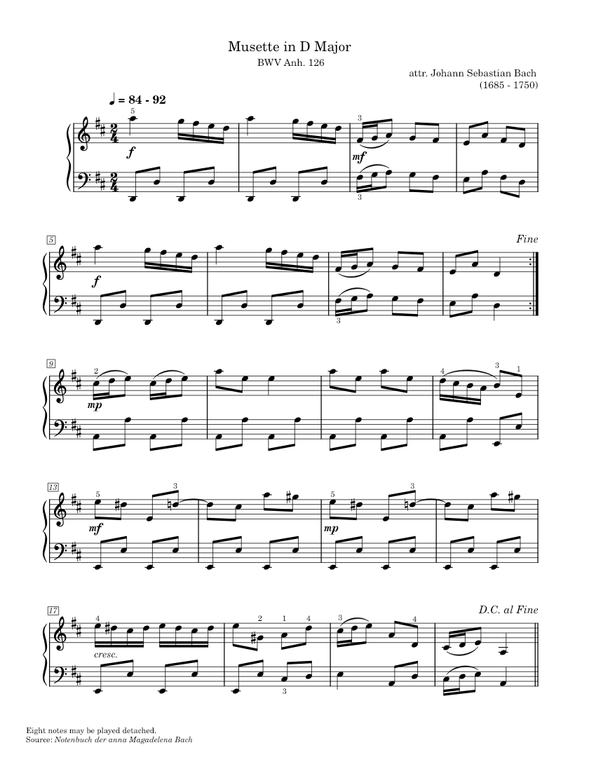 Musette in D major – Johann Sebastian Bach Sheet Music for Piano (Solo ...
