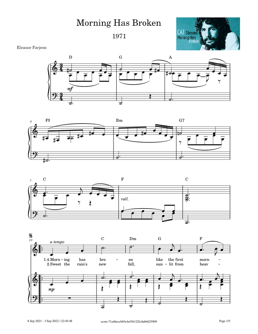 Morning Has Broken – Cat Stevens Sheet Music with Chords for Piano ...