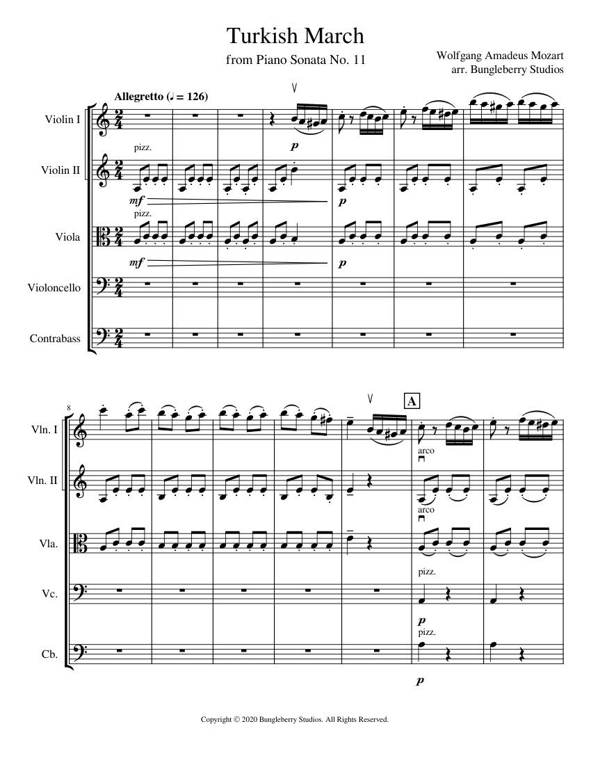 Turkish March Sheet Music for Contrabass, Violin, Viola, Cello (String ...