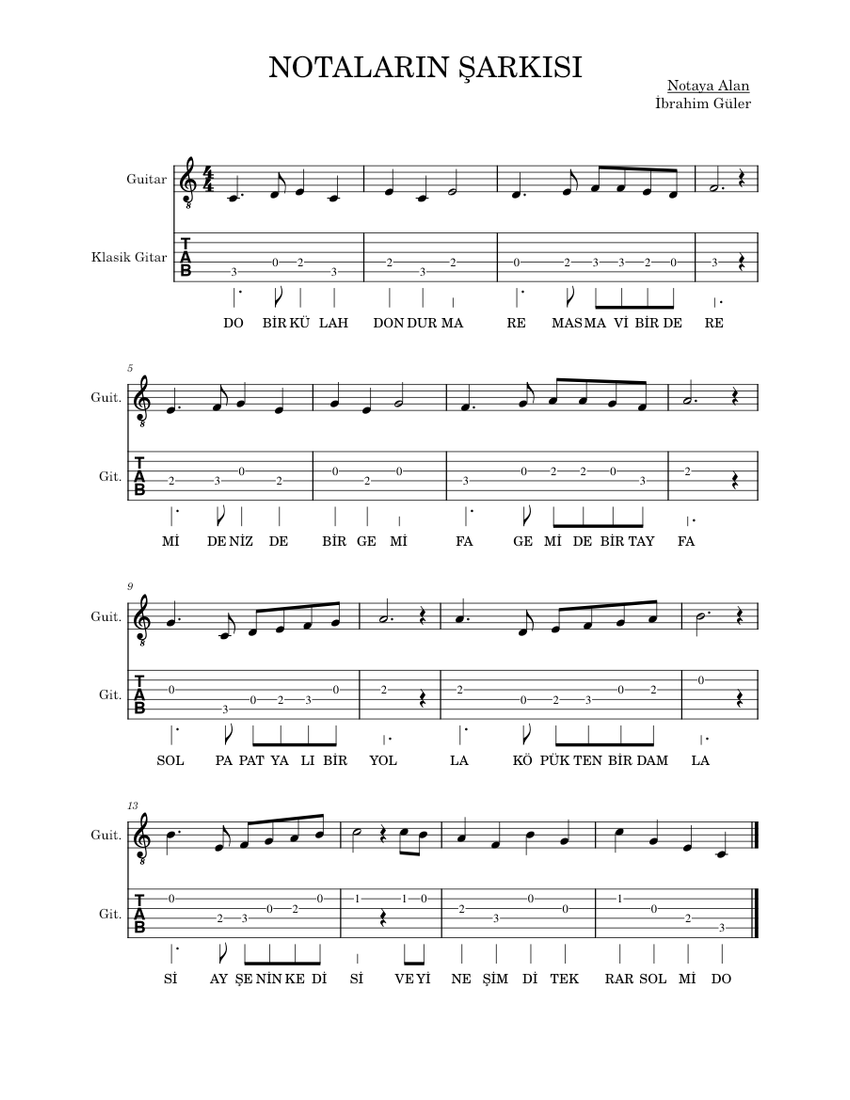 NOTALARIN ŞARKISI Sheet music for Guitar (Solo) | Musescore.com