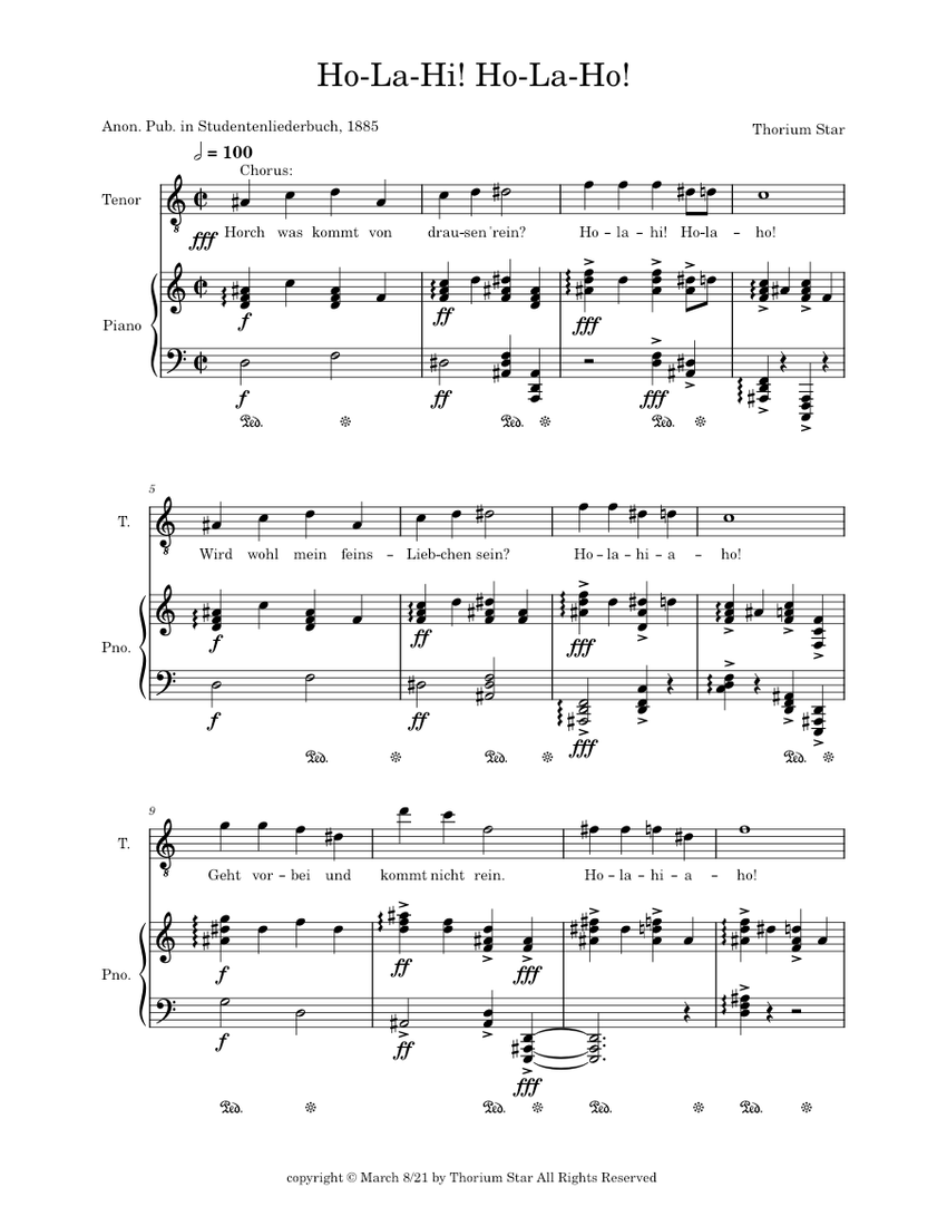Ho-La-Hi! Ho-La-Ho! Sheet Music for Piano, Tenor (Piano-Voice ...