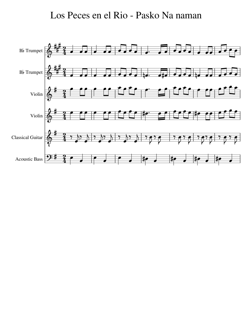 Los Peces en el Rio - Pasko Na naman Sheet Music for Trumpet in b-flat, Violin, Guitar, Bass ...