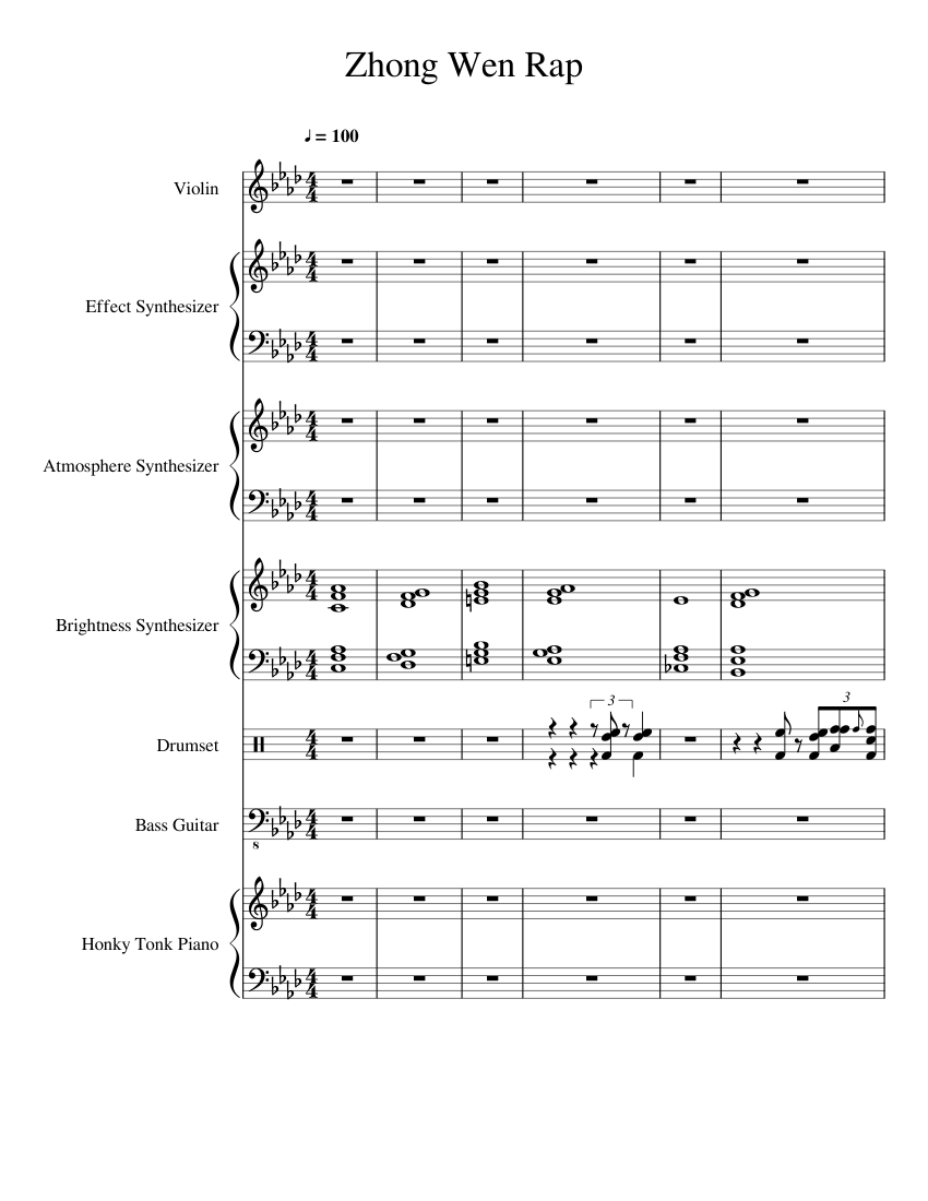 Zhong Wen Rap Sheet music for Piano, Violin, Bass guitar, Drum group ...