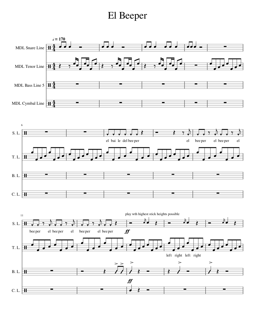 El_Beeper Sheet Music for Snare drum, Crash, Tenor drum, Bass drum ...