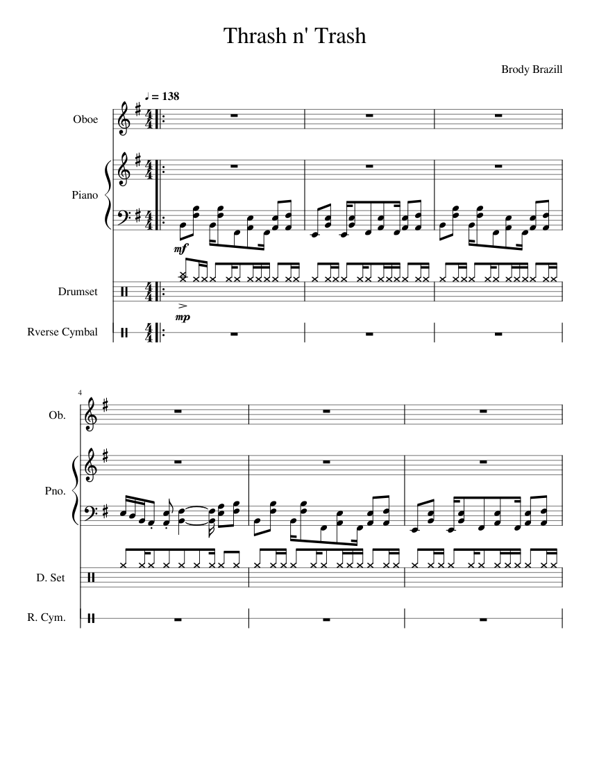 Thrash n' Trash Sheet music for Piano, Oboe, Drum group (Mixed Quartet ...