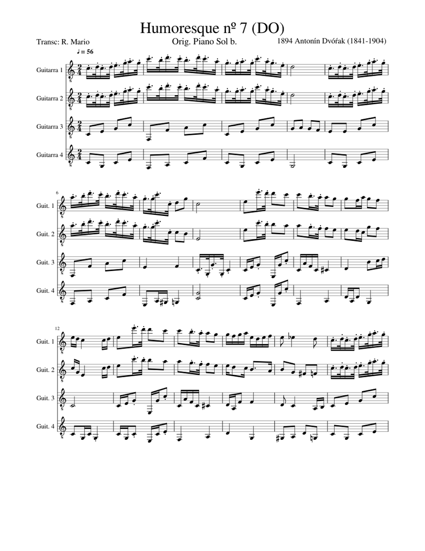 Humoresque nº7 Antonín Dvoŕak Arreglo para 4 guitarras (DO/C) Sheet ...