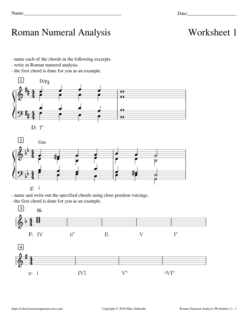 Roman Numeral Analysis (Worksheet 1) Sheet Music with Chords for Piano ...
