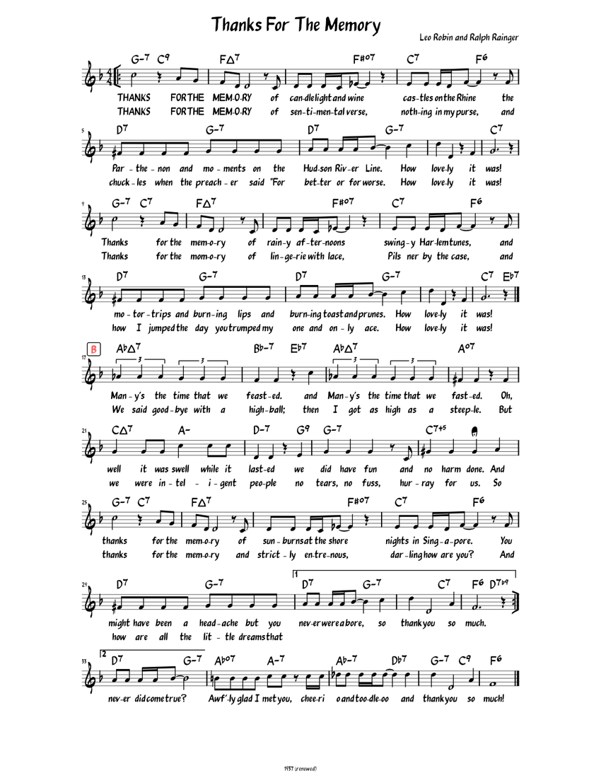 Thanks For the Memory (Lead sheet with lyrics ) Sheet Music with Chords ...