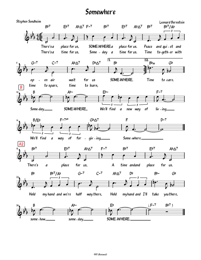 Somewhere (Lead sheet with lyrics ) Sheet Music with Chords for Piano ...