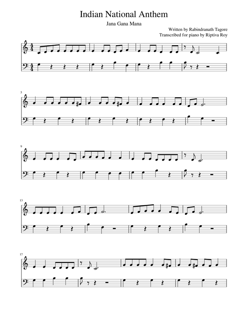 Indian_National_Anthem Sheet Music for Piano (Solo) easy | MuseScore.com