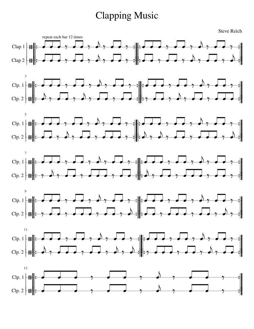 Clapping Music Steve Reich Sheet Music for Hand clap (Mixed Duet ...