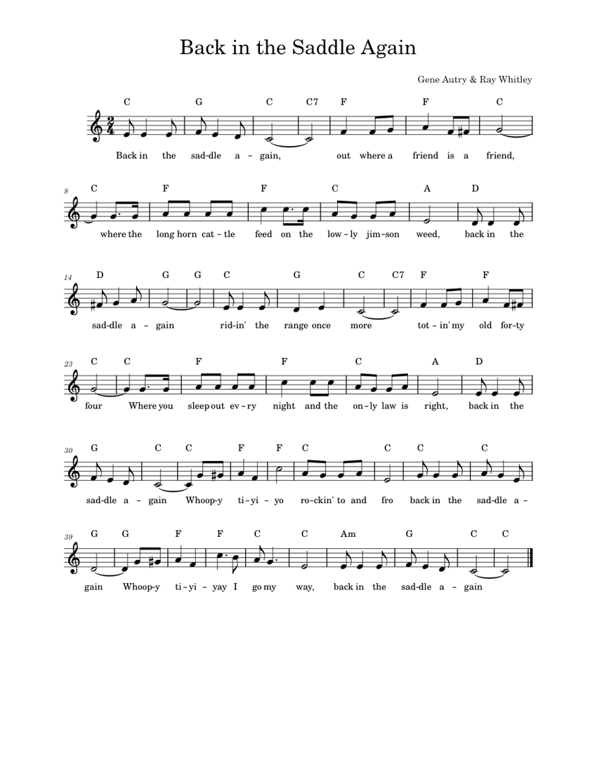 Back in the saddle again – Gene Autry Sheet Music with Chords for Piano ...