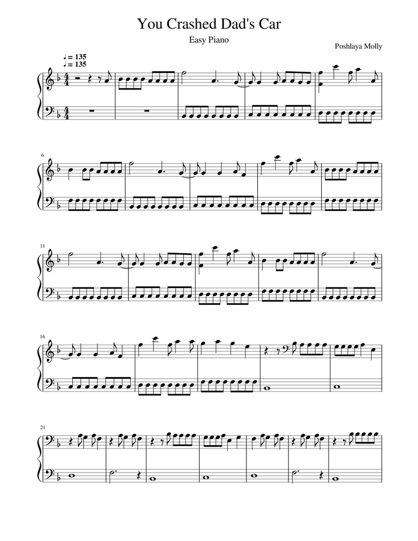 You Crashed Dad’s Car - Poshlaya Molly [Easy Piano] Sheet Music for ...