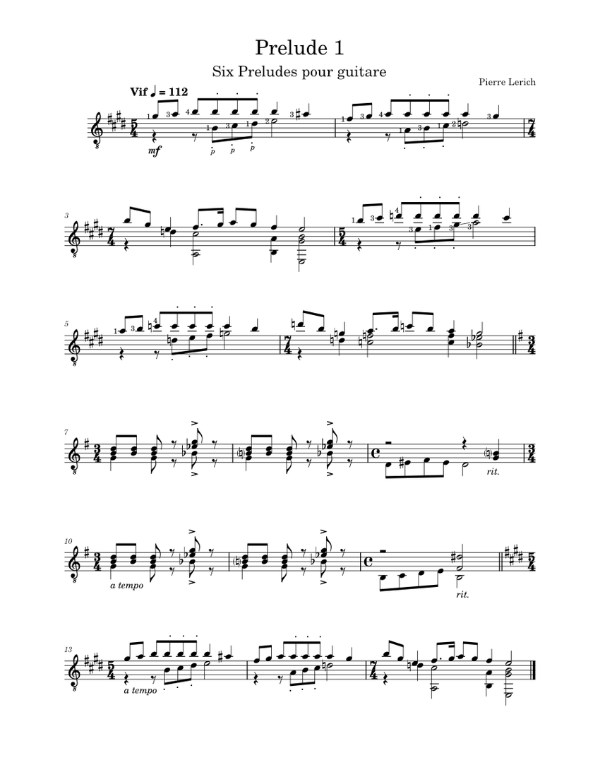 Prelude 1 - Pierre Lerich from Six preludes pour guitare Sheet Music ...