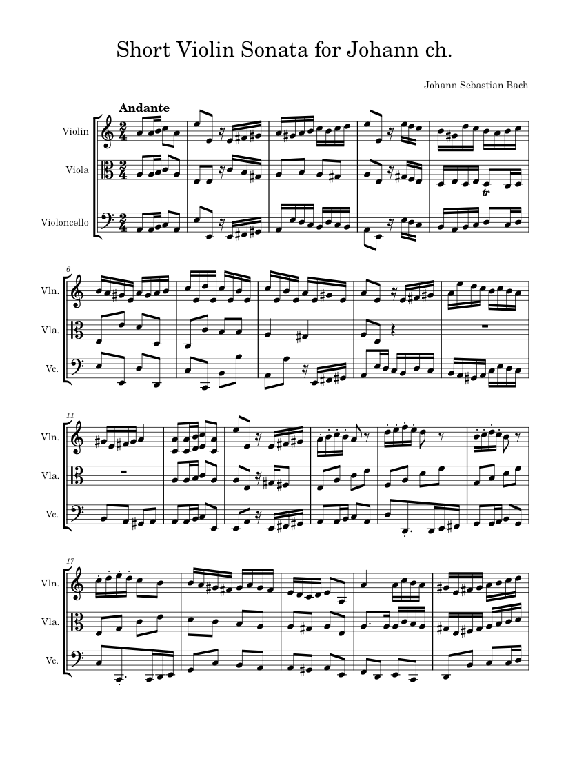 Short Violin Sonata for Johann ch. Sheet music for Violin, Viola, Cello ...