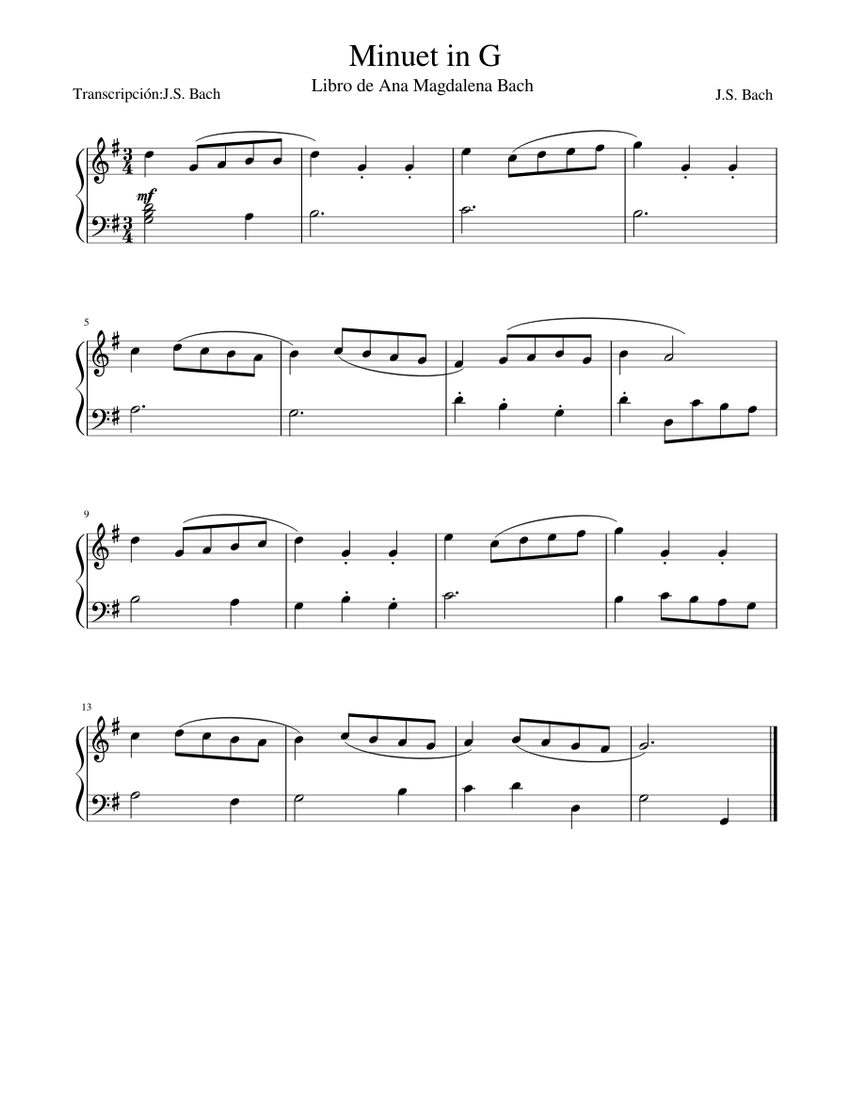 Minuet in G Sheet Music for Piano (Solo) easy | MuseScore.com