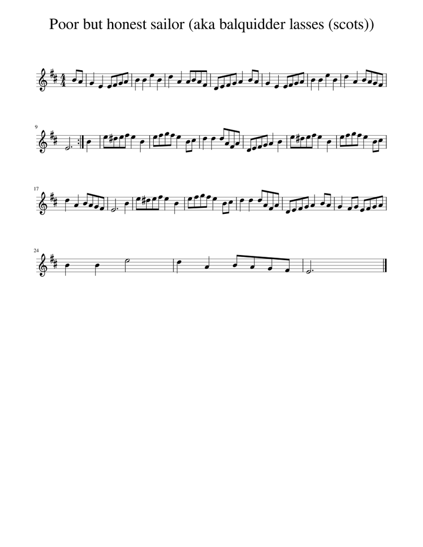 Poor but honest sailor (aka balquidder lasses (scots)) Sheet music for ...
