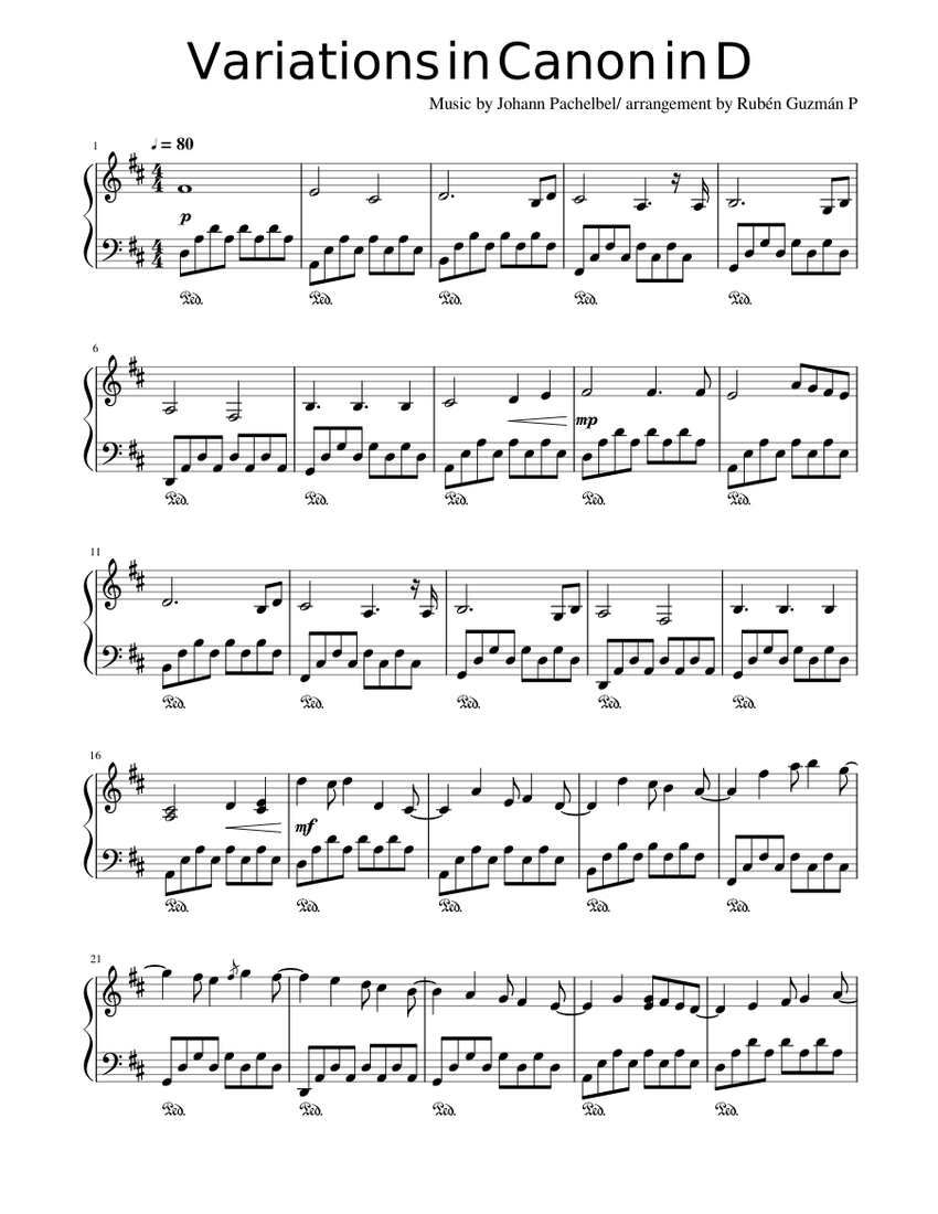 Variations in Canon in D Sheet Music for Piano (Solo) | MuseScore.com