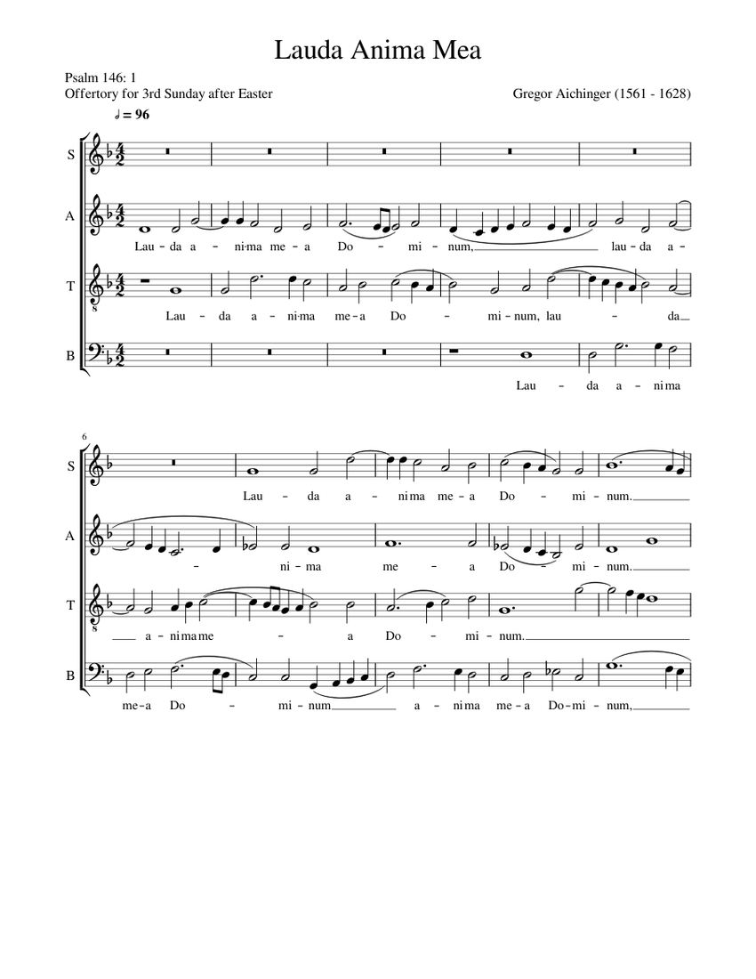 Lauda Anima Mea (Aichinger) Sheet Music for Soprano, Alto, Tenor, Bass ...