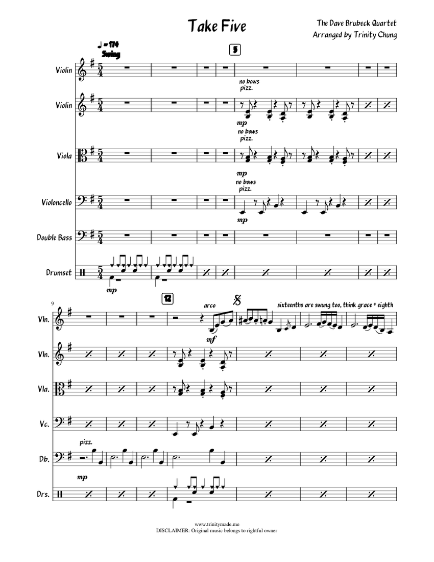 Take Five Sheet music for Contrabass, Violin, Viola, Cello & more ...