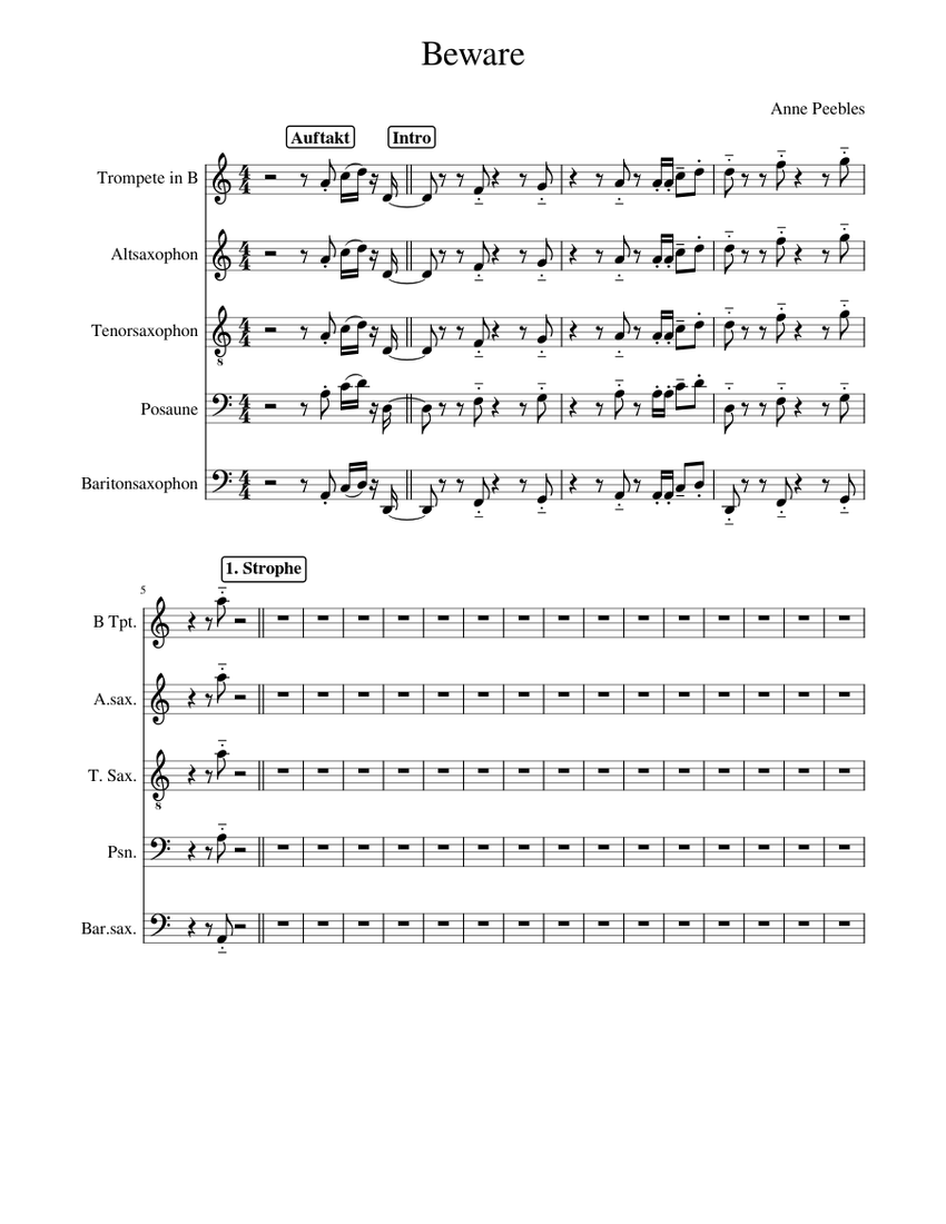 Beware (Anne Peebles) Sheet Music for Trombone, Saxophone alto ...