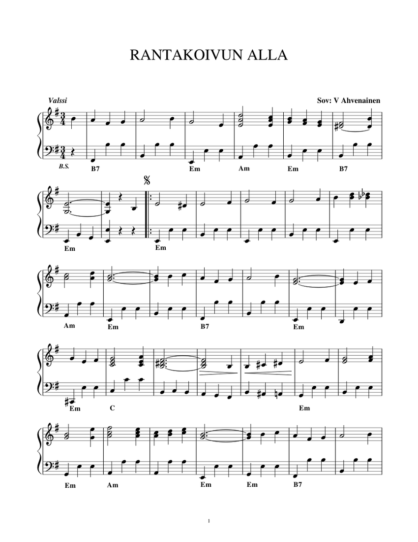 Rantakoivun Alla – sov. V Ahvenainen Sheet music for Accordion (Solo ...