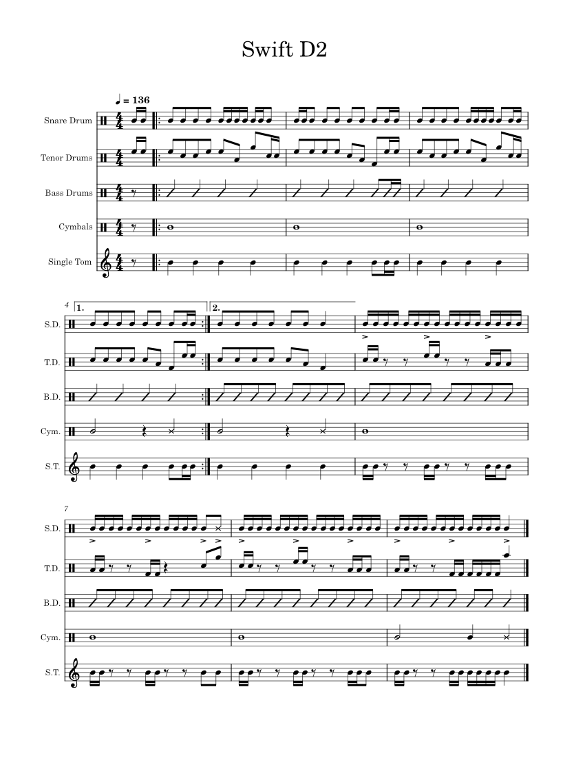 Swift D2 Sheet music for Snare drum, Crash, Tenor drum, Bass drum ...