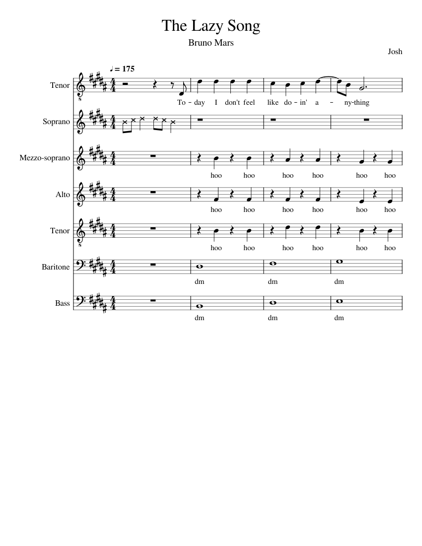 The_Lazy_Song Sheet Music for Soprano, Alto, Tenor, Bass voice & more ...