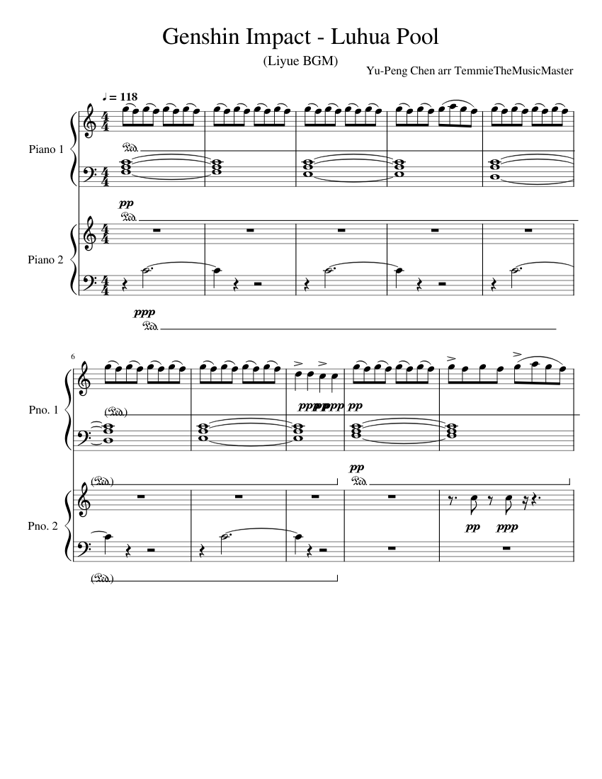 Genshin Impact - Luhua Pool (Liyue BGM) Sheet Music for Piano (Piano ...