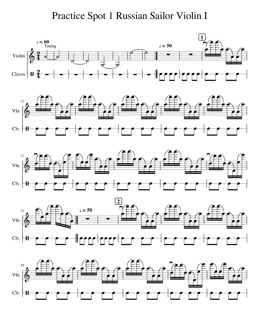 Practice spot 1 Russian Sailor Violin I Sheet Music for Violin, Claves ...