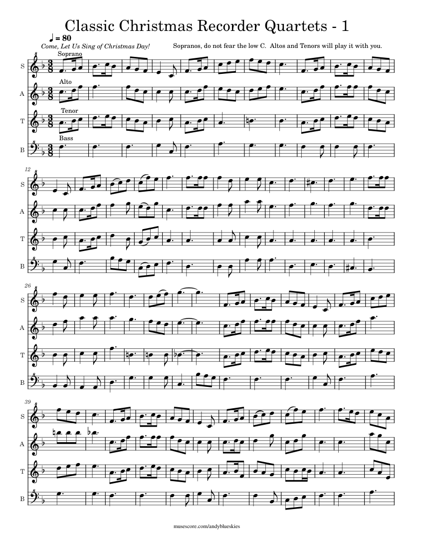 Classic Christmas Recorder Quartets - 1 Sheet music for Recorder (Brass ...