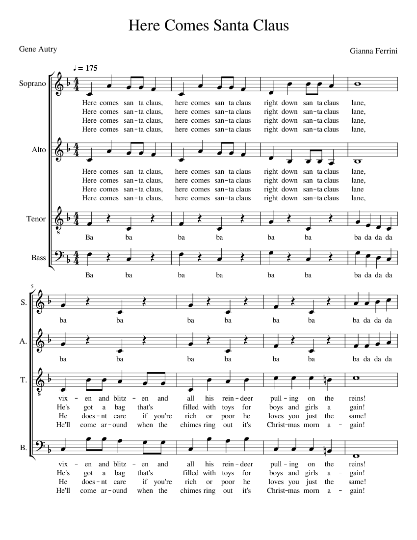 Here Comes Santa Claus Sheet Music for Soprano, Alto, Tenor, Bass voice ...