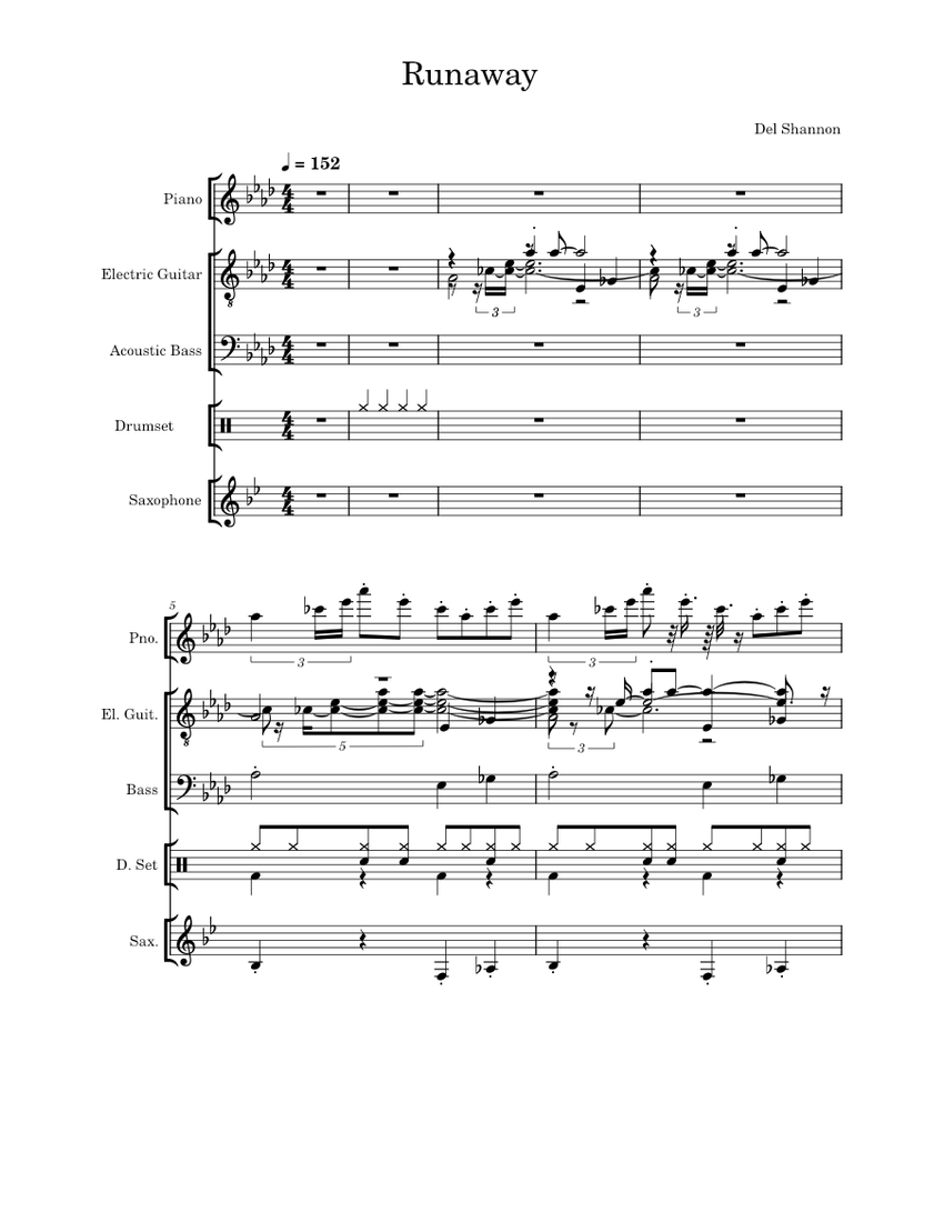 Runaway – Del Shannon Sheet music for Piano, Flute, Guitar, Bass guitar ...