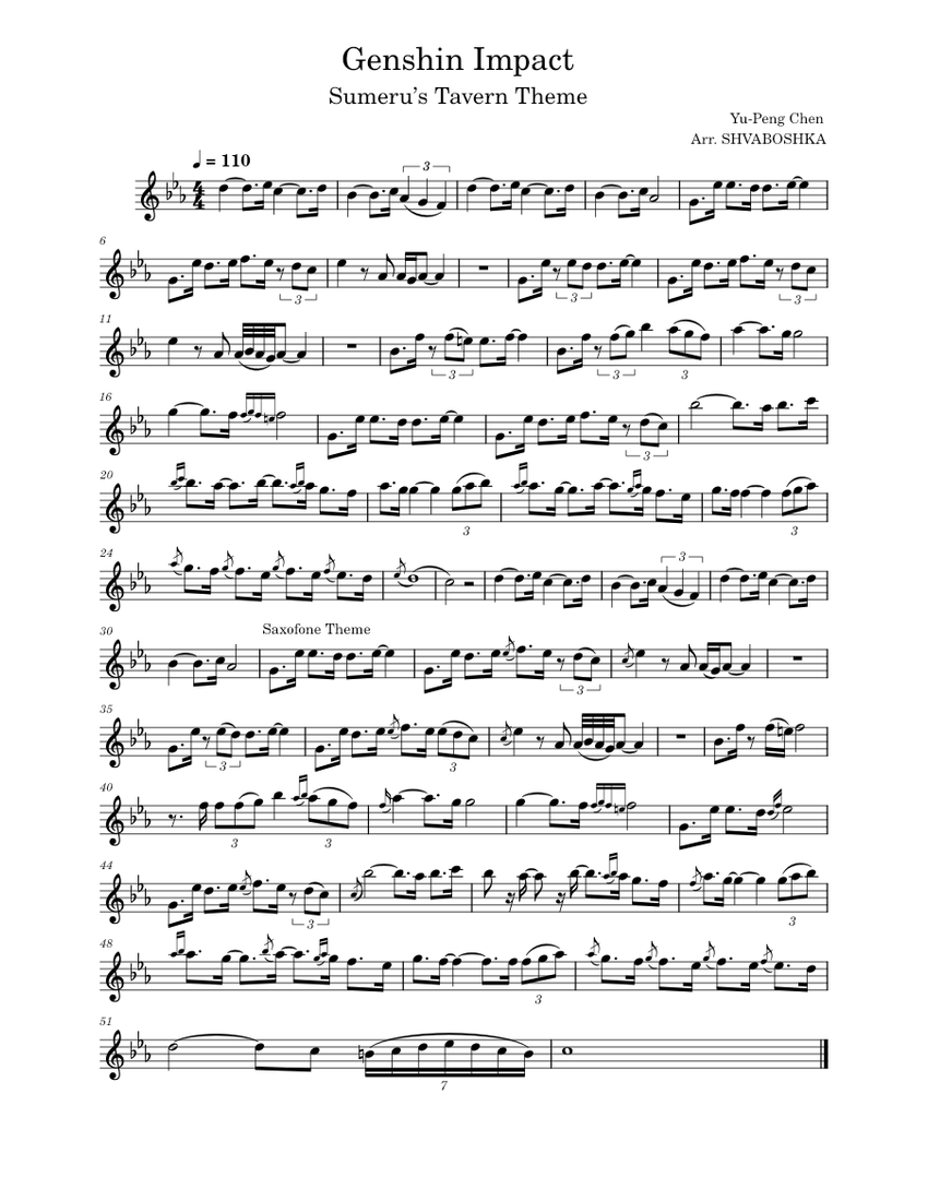 Sumeru Tavern – Yu-Peng Chen - Genshin Impact Sheet music for Flute ...