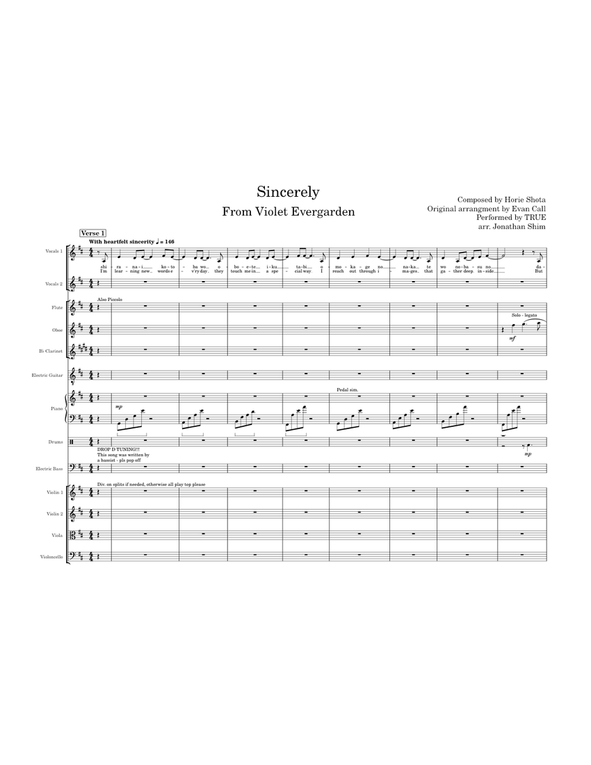 Sincerely – TRUE Sincerely – Violet Evergarden Transcription Sheet ...