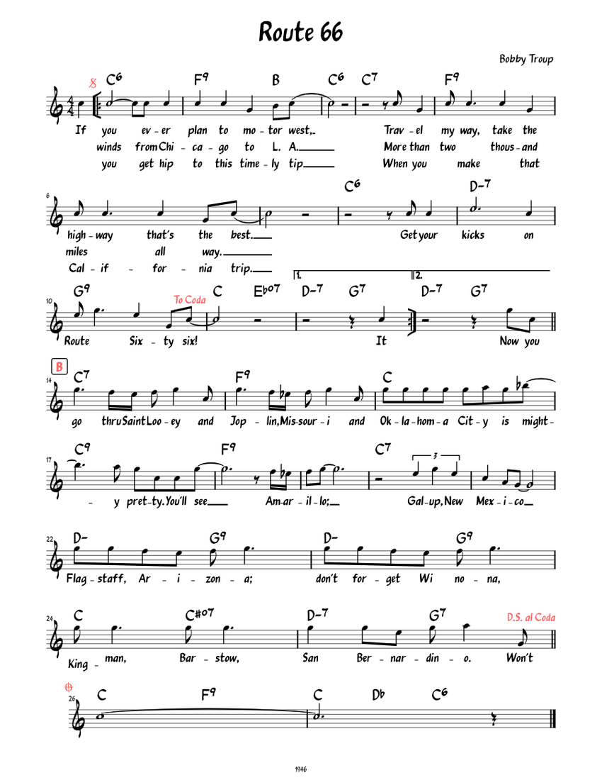 Route 66 (Lead sheet with lyrics ) Sheet Music with Chords for Piano ...