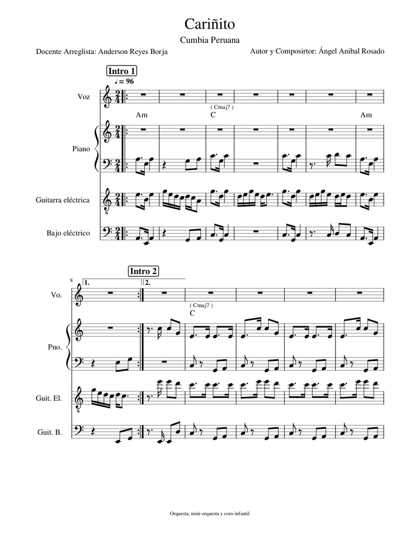 Cariñito (Guitarra, Piano, Bajo) Sheet Music with Chords for Piano ...
